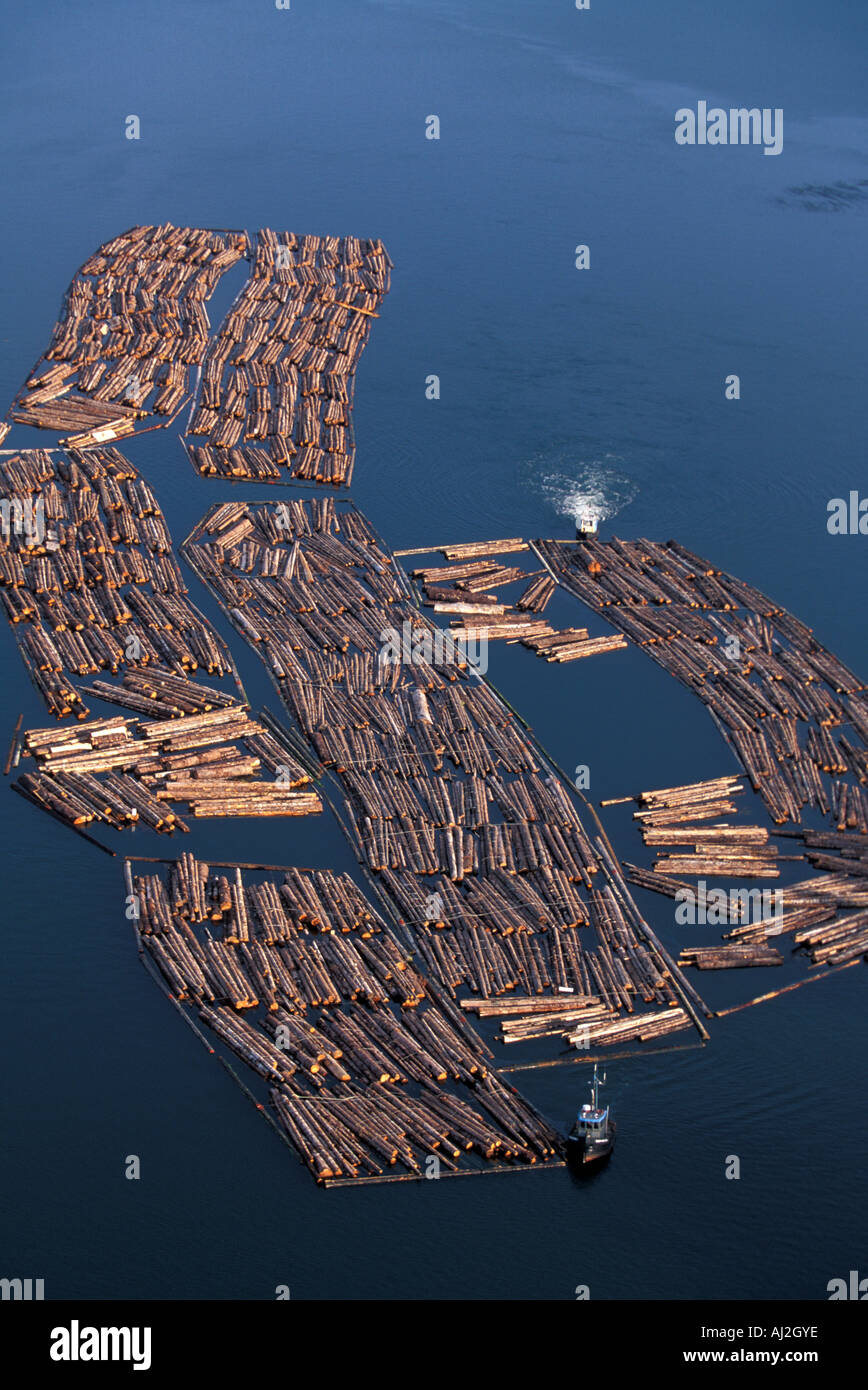 Canada British Columbia Tugboats push log boom floating in Seal Cove in ...