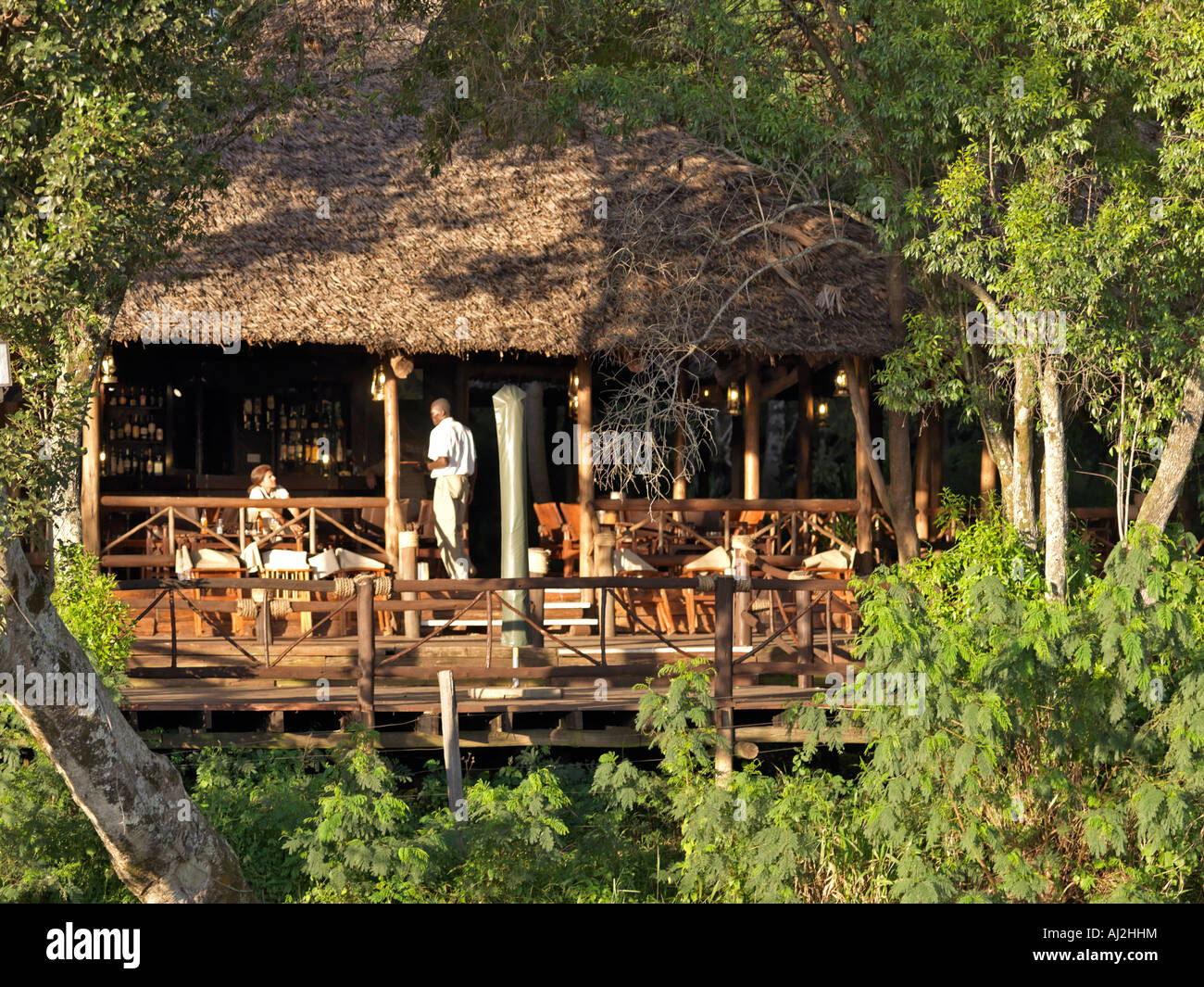 The bar and verandah of Mara Intrepid Game Lodge on the banks of the ...