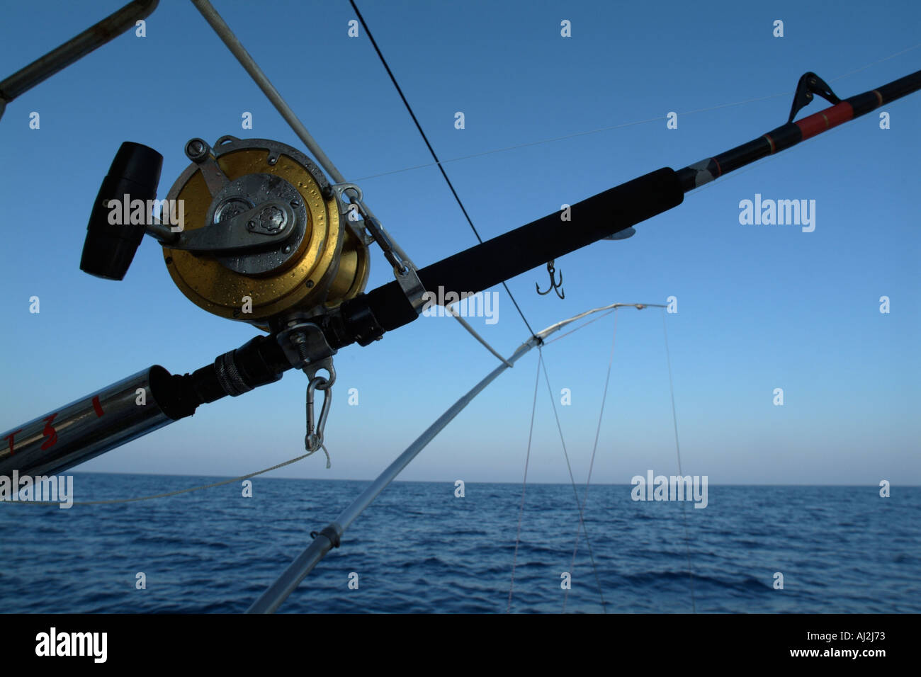 Fishing rods onboard a boat in the Mediterranean Sea, France Stock ...