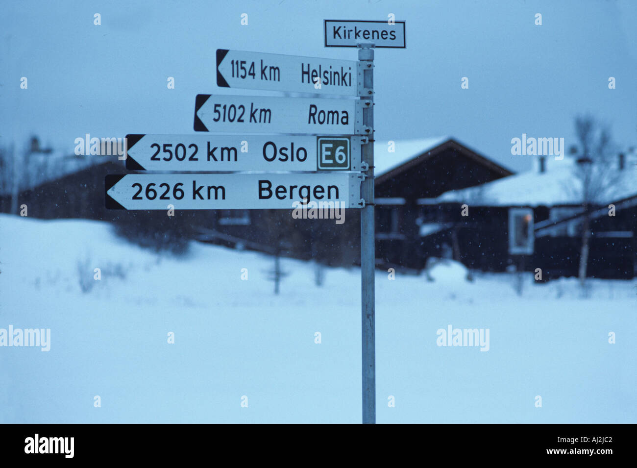 Europe Norway Road sign marks kilometers to southern cities in arctic ...