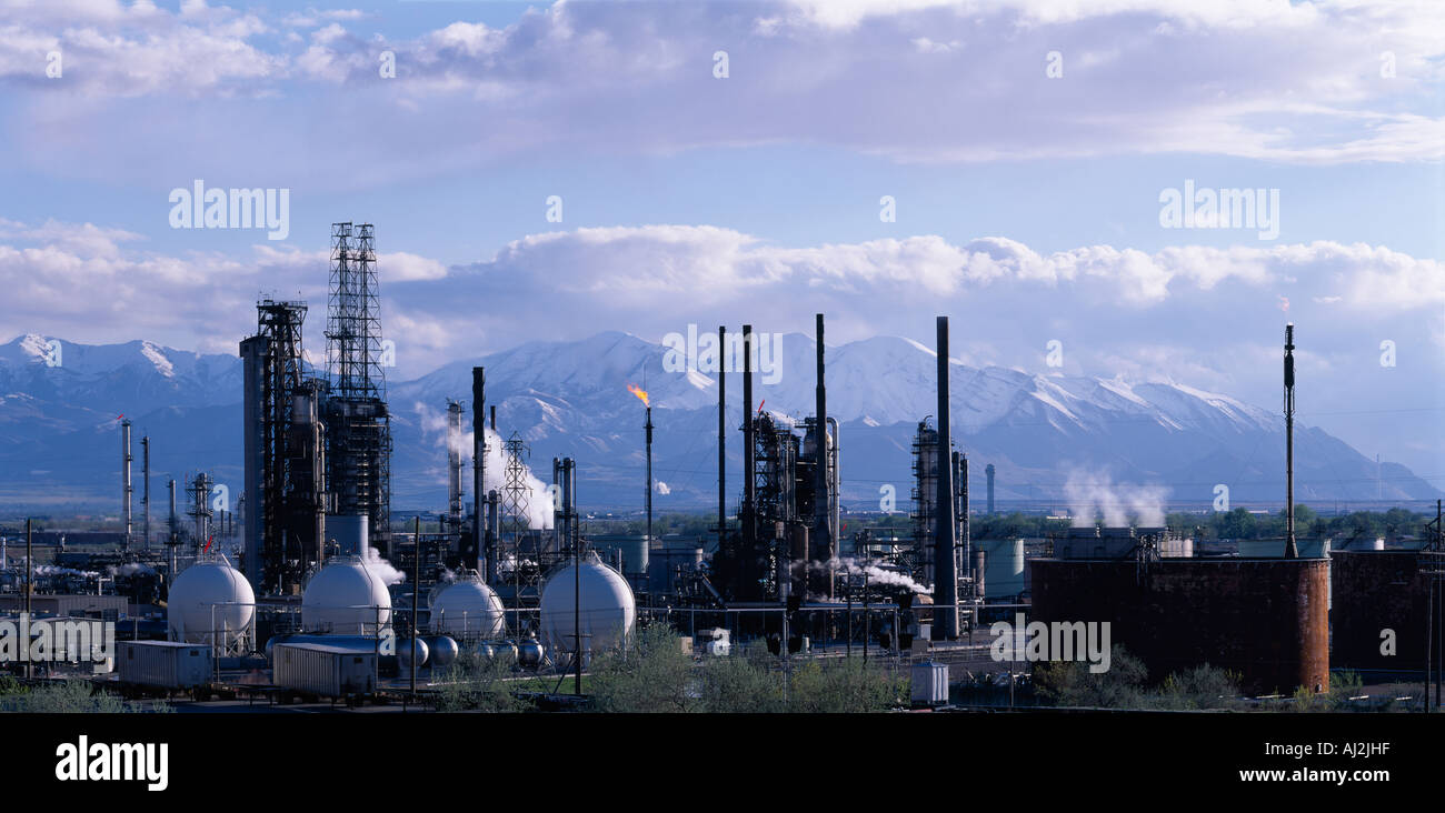 USA Utah Oil Refinery and nearby snow covered mountains on edge of Salt ...