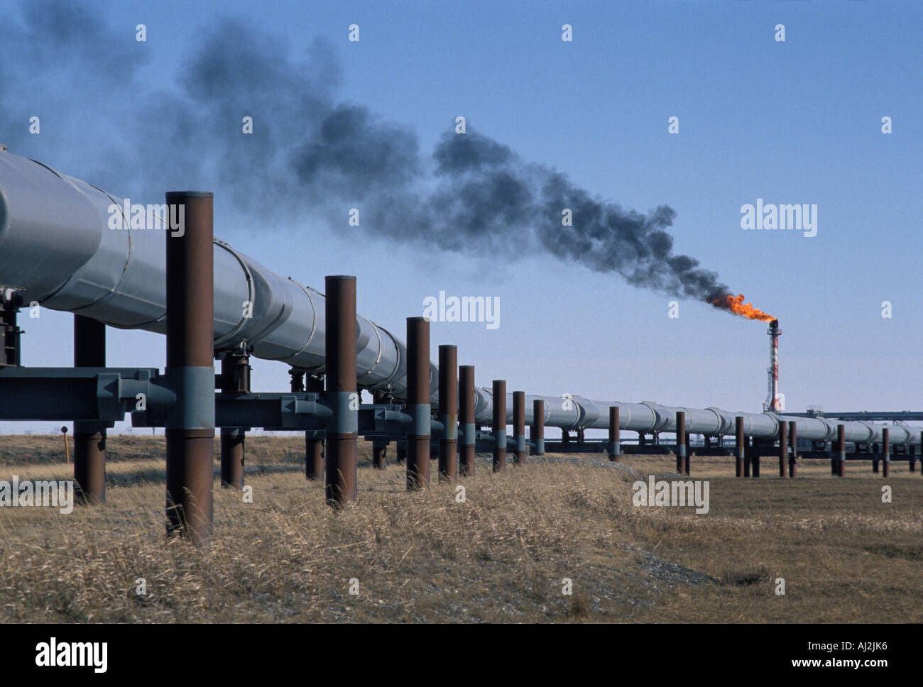 USA Alaska Gar flare billows flames and smoke above Prudhoe Bay ...