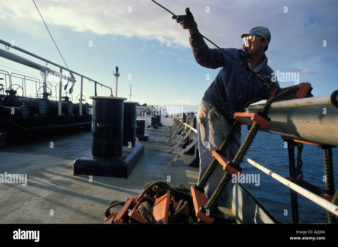 USA California Crew works Oil tanker Arco Juneau during voyage from ...