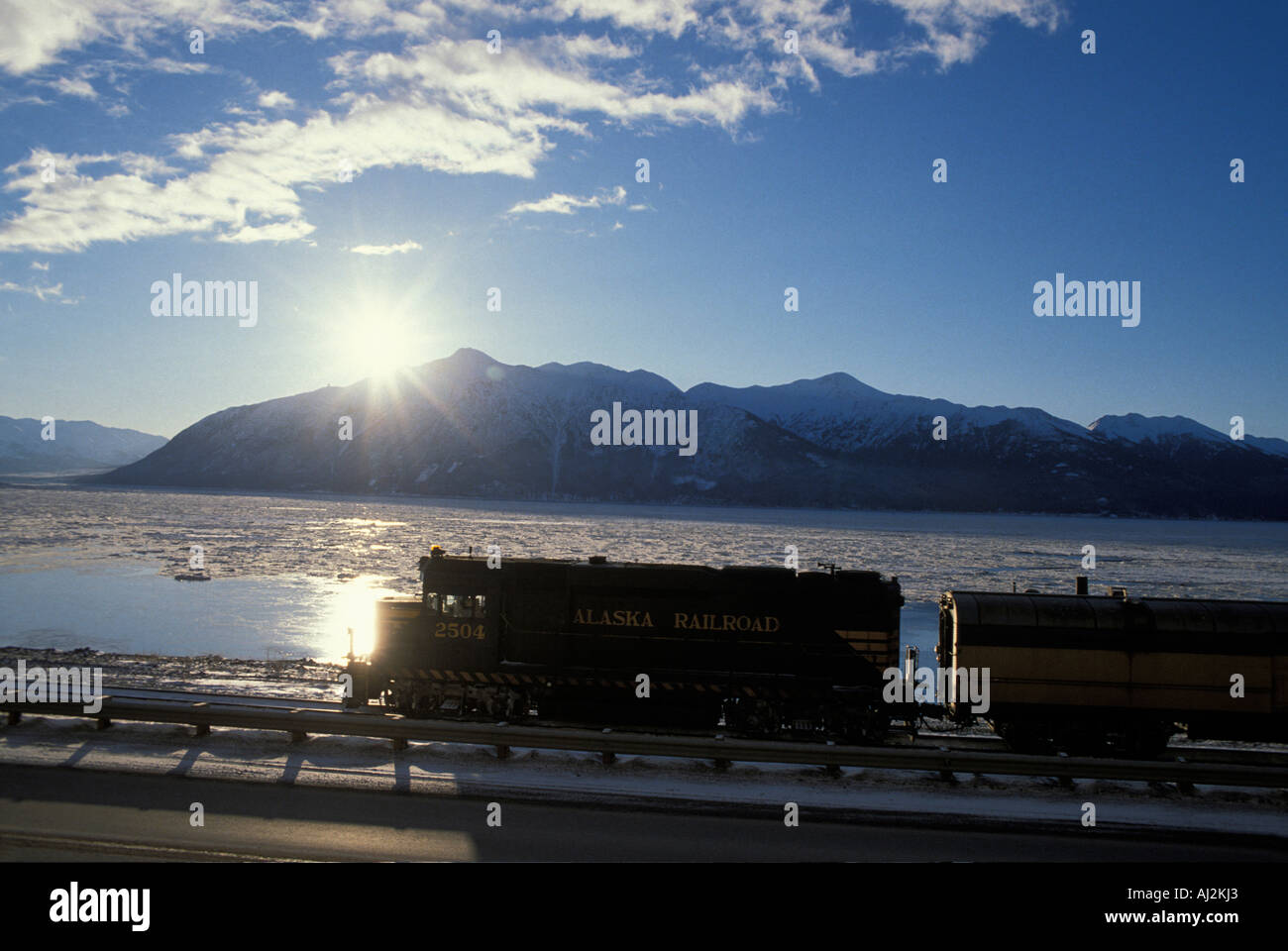 USA Alaska Alaska Railroad freight train travels south along Turnagain ...