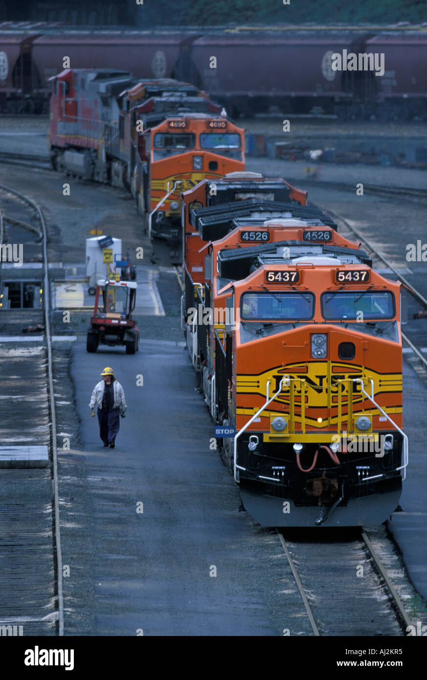 USA Washington Seattle Line of train locomotives at switching yard in ...
