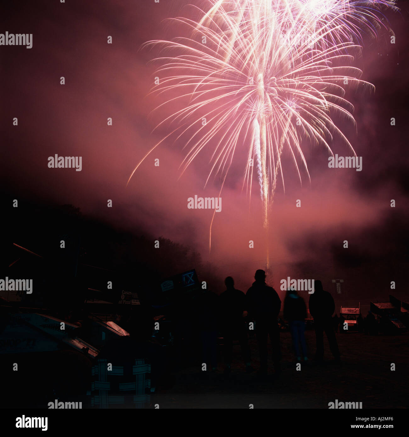 USA Washington Alger July 4th fireworks over race fans in pits at dirt ...