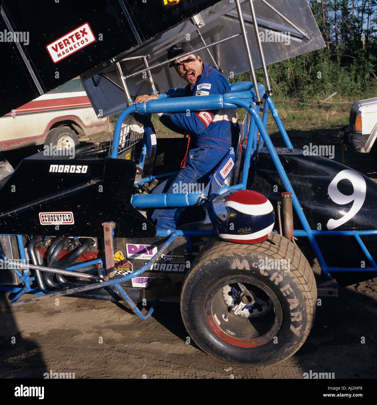 USA Alaska Fairbanks MR Jay Haney celebrates in pit area after sprint ...