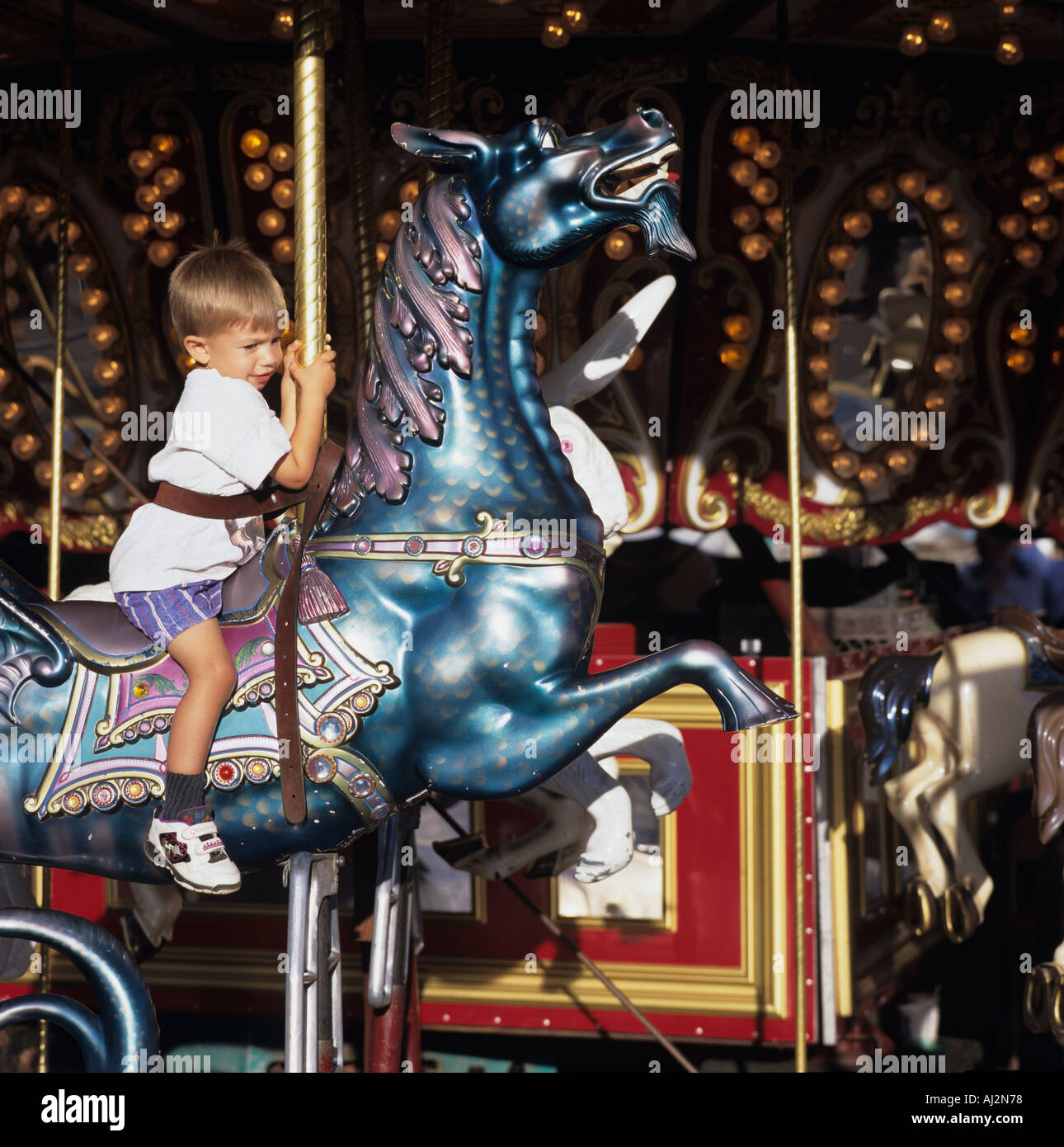 USA Washington Yakima Young boy on carnival ride at Central Washington ...
