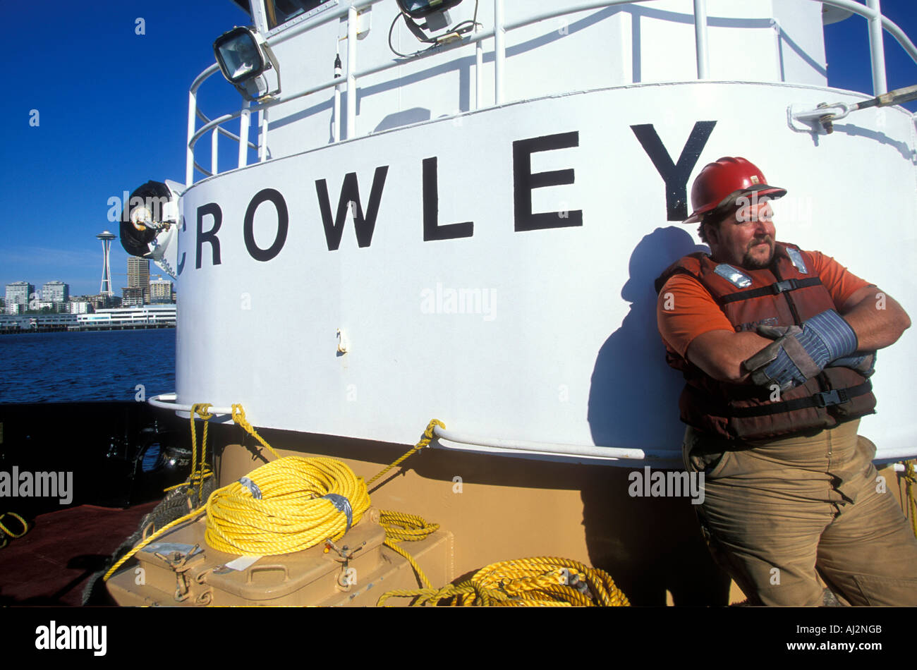 USA Washington Seattle MR Mark Hall s works on deck of Crowley tugboat ...