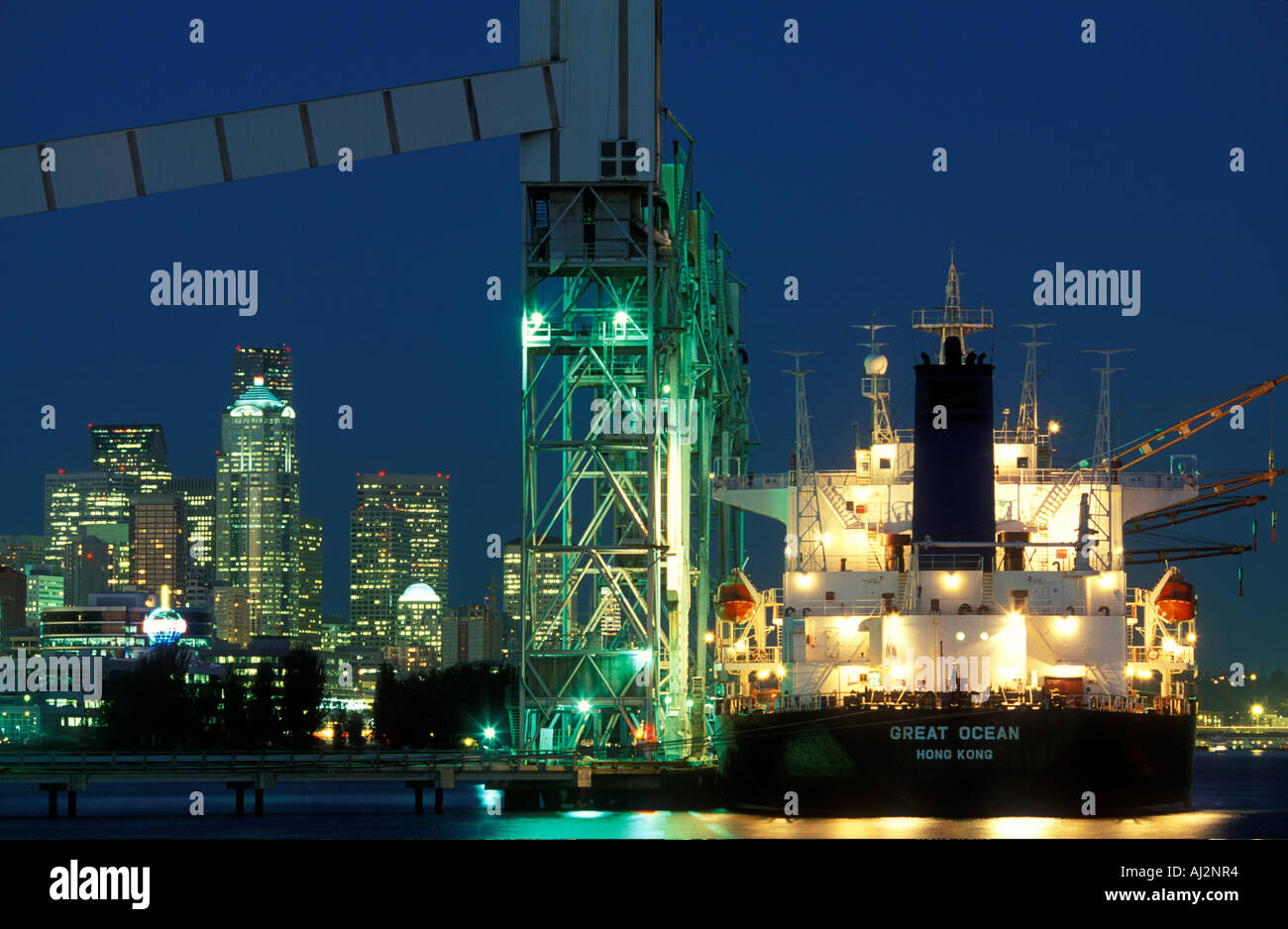 USA Washington Seattle Chinese cargo ship and city skyline at Elliot ...