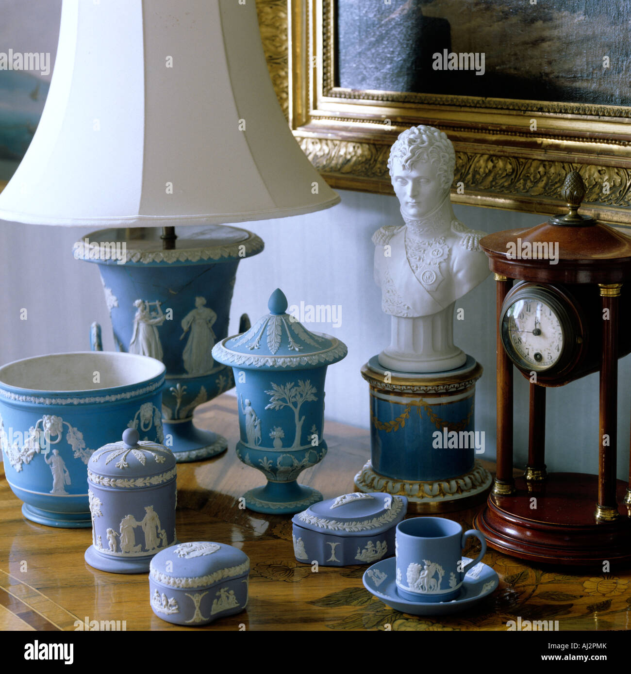collection of blue jasper ware with white cameo on antique table top ...