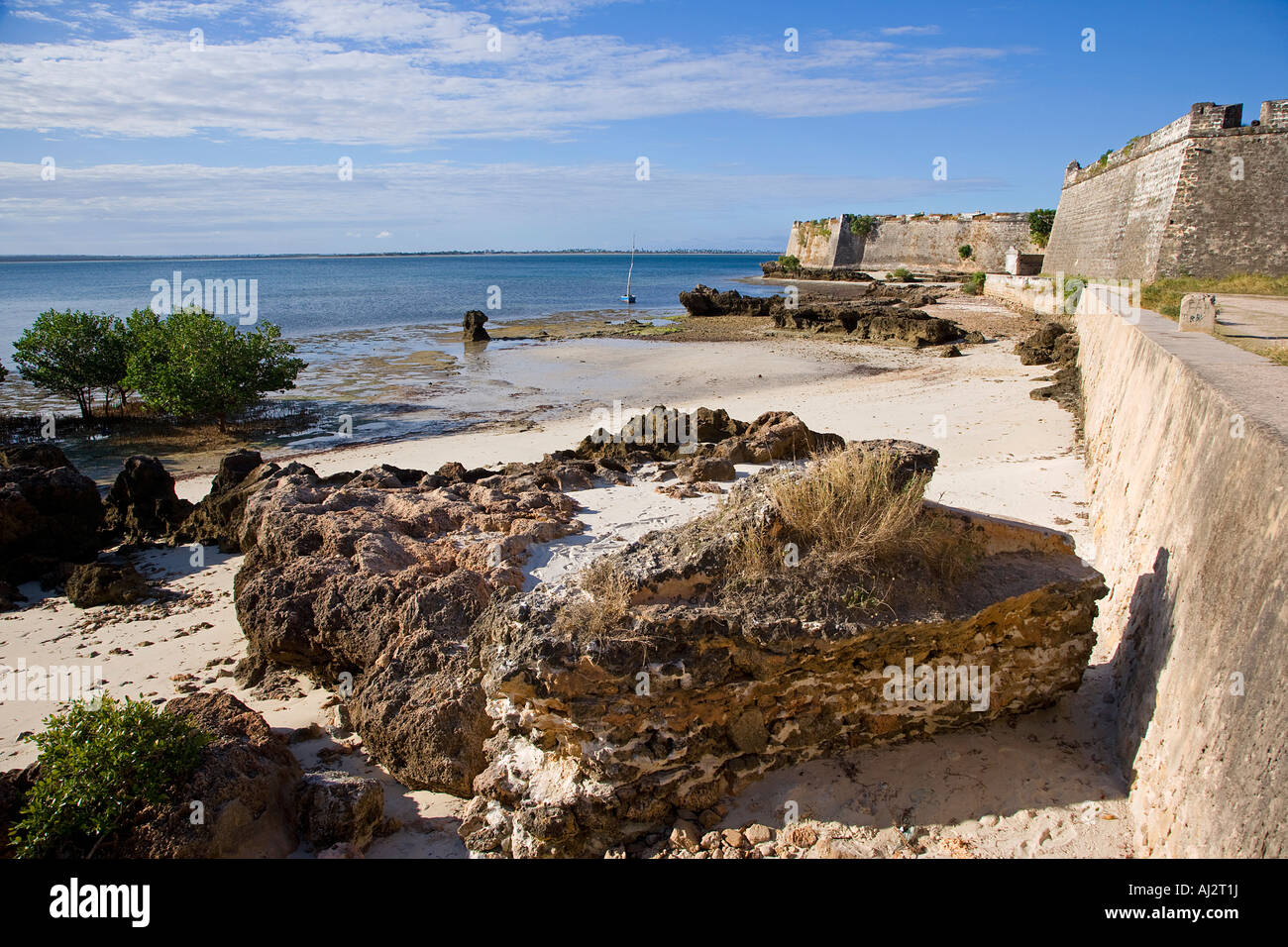 The heavily fortified walls of the Forteleza de Sao Sebastao guard the ...