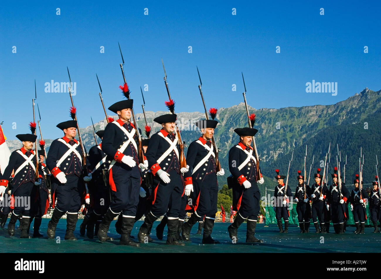 A military marching group parade in period costume at the Unspunnen ...