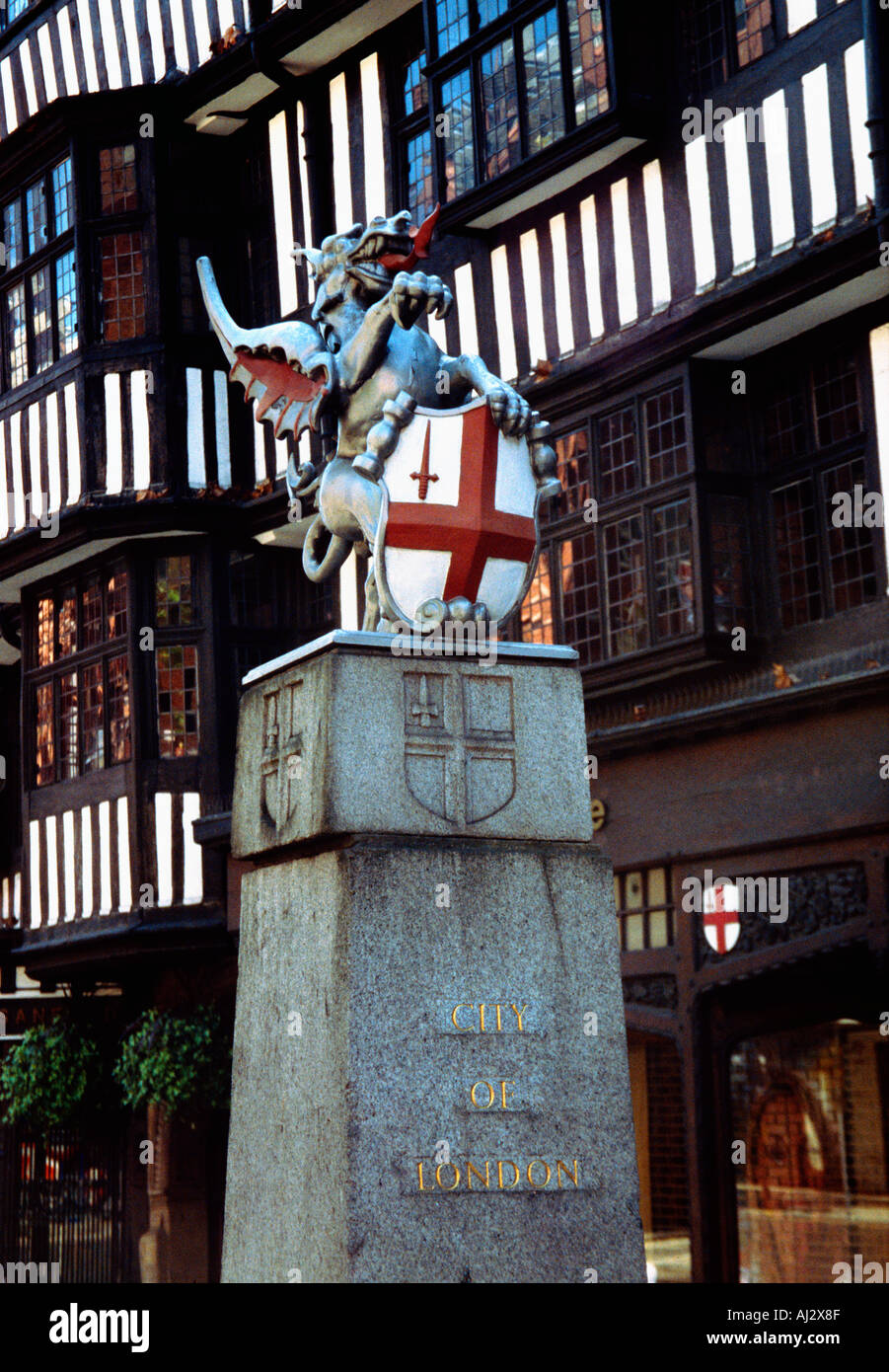 Dragon figure and shield of Saint George at entrance to City of London ...