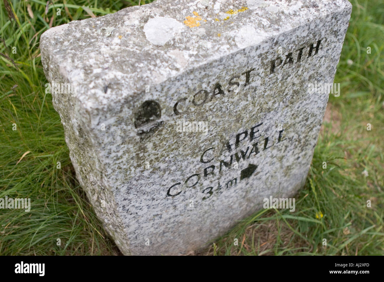 A route marker on the South West Coast path near Pendeen Cornwall UK ...