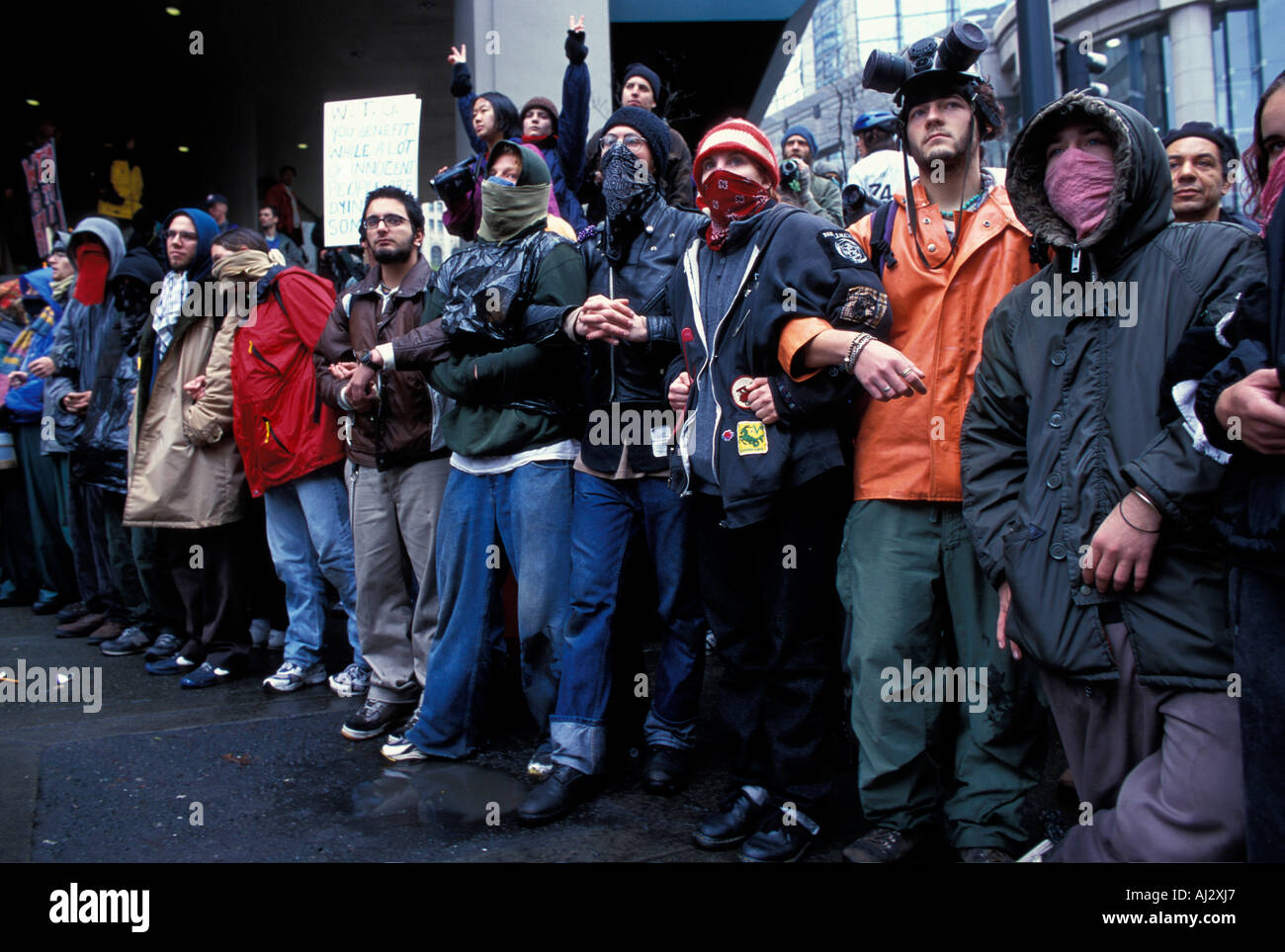 USA Washington Seattle Line of protesters block downtown streets during ...