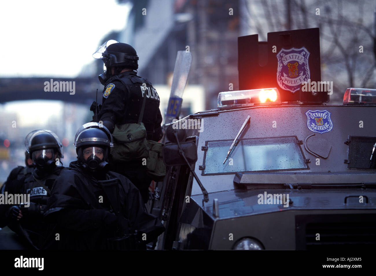 USA Washington Seattle Police in riot gear fire tear gas in downtown ...