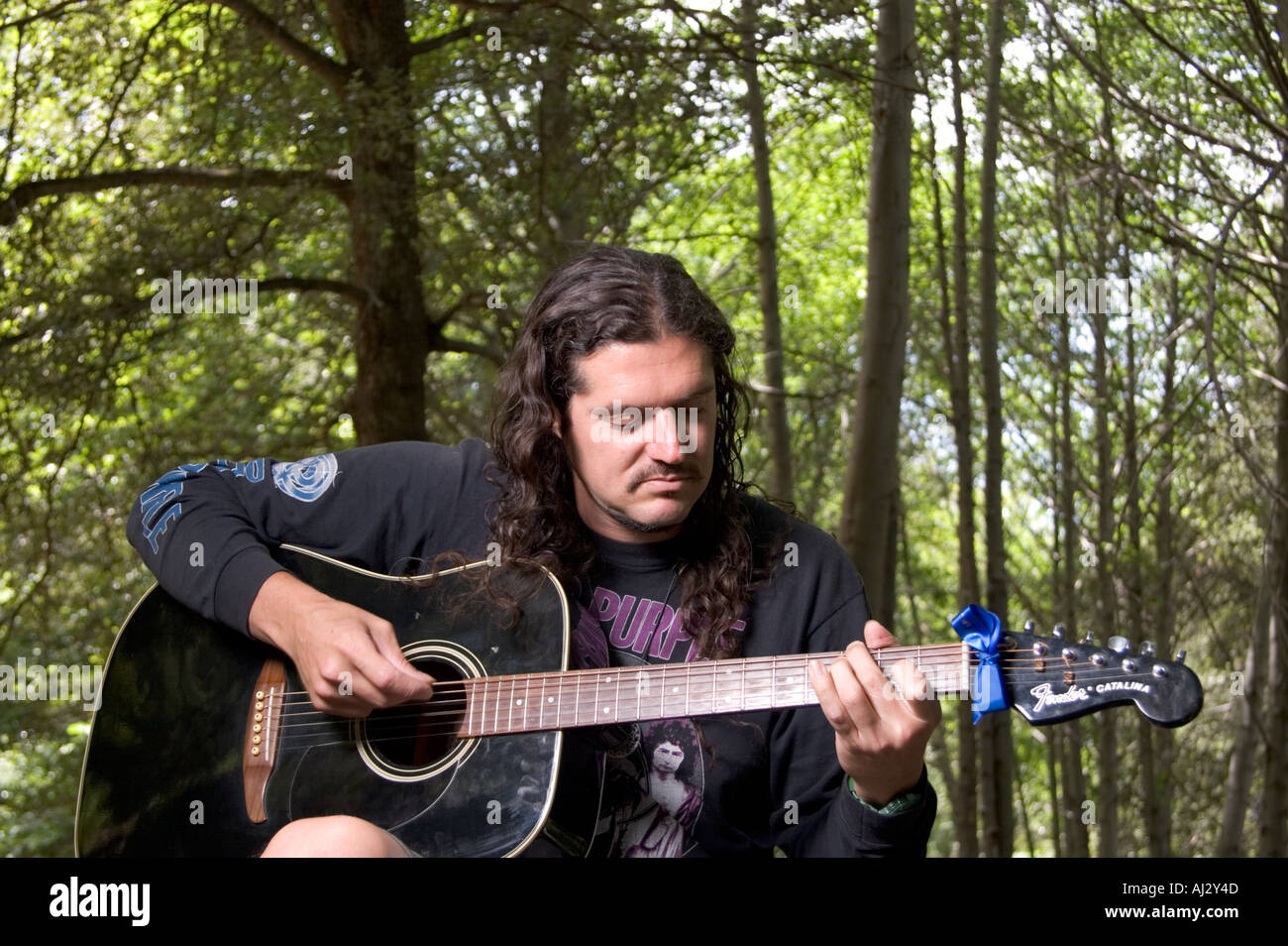 Musician playing guitar in the woods Stock Photo - Alamy