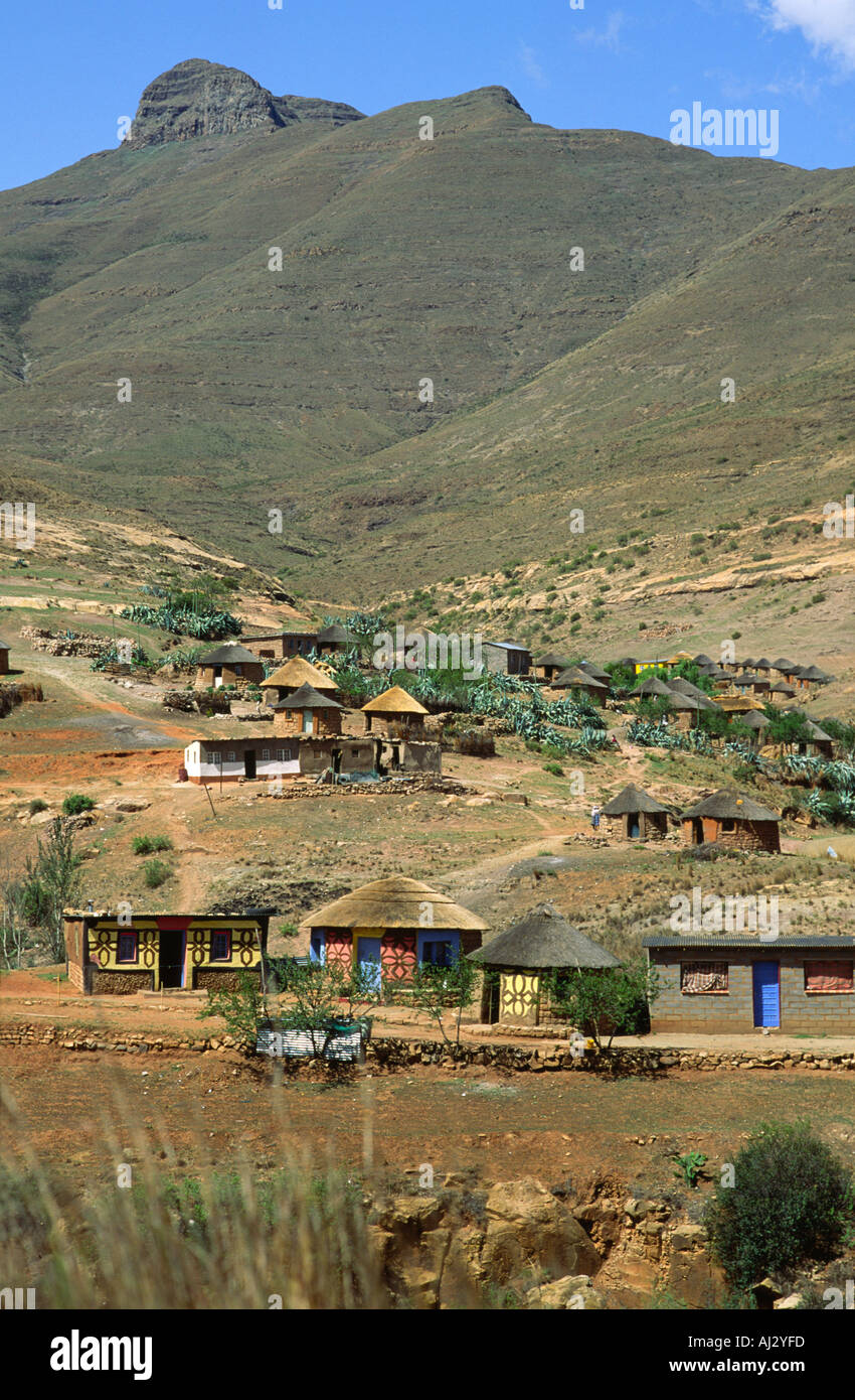 A view of a remote, traditional, mountain village, with houses built of ...