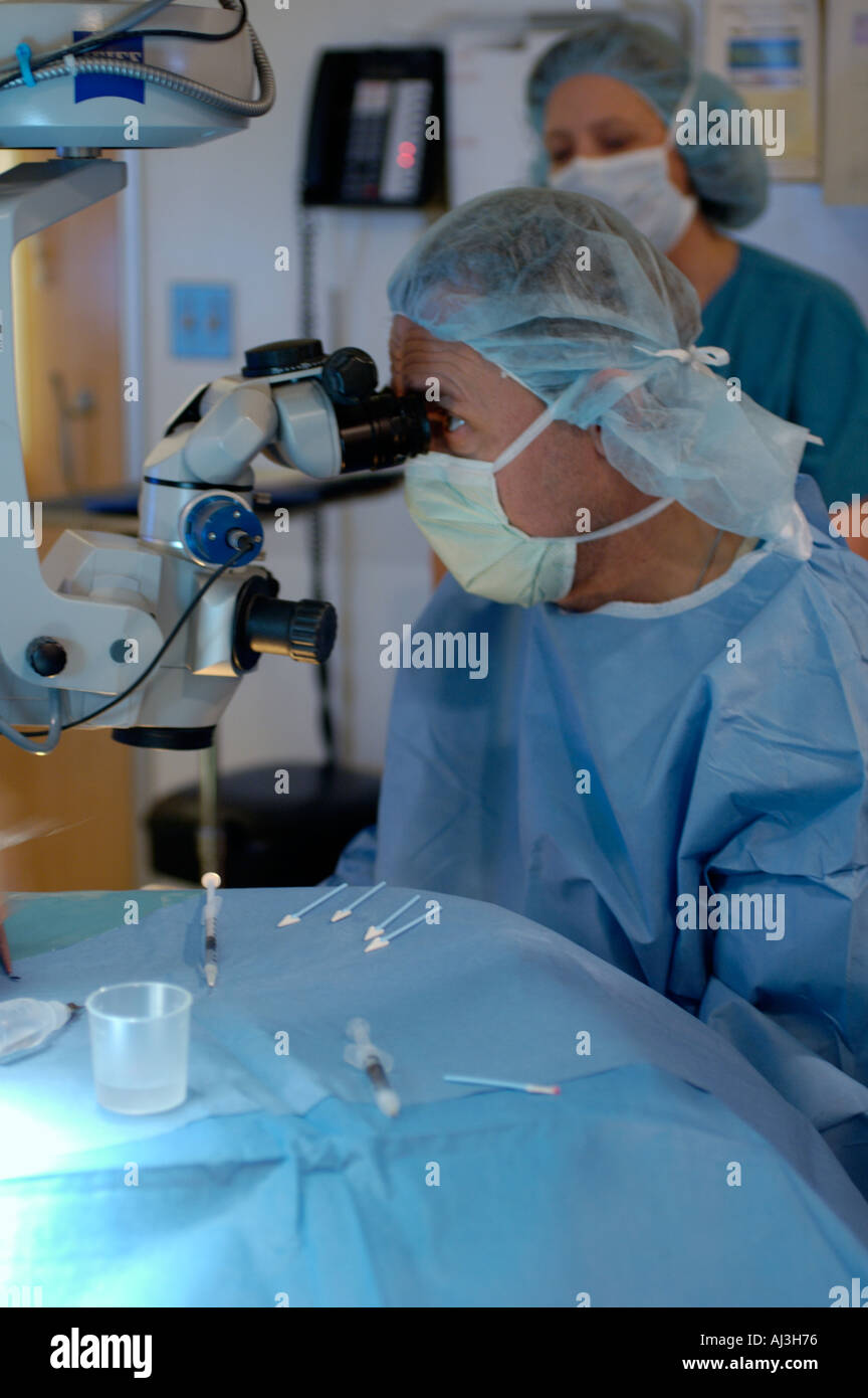 Cataract Surgery Surgeon operating through microscope with circulating ...