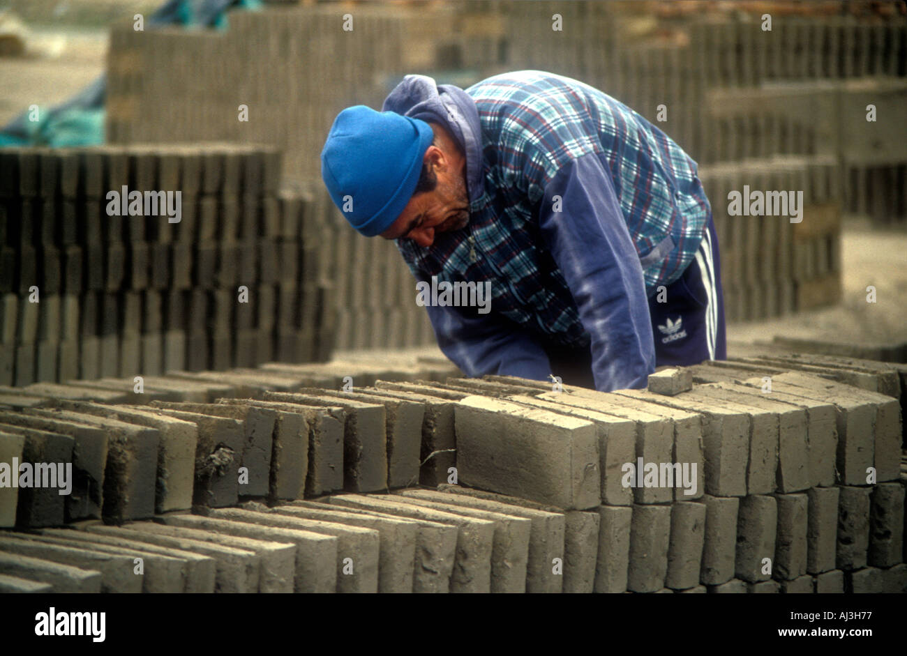 Worker man making bricks in a traditional factory in central Argentina ...