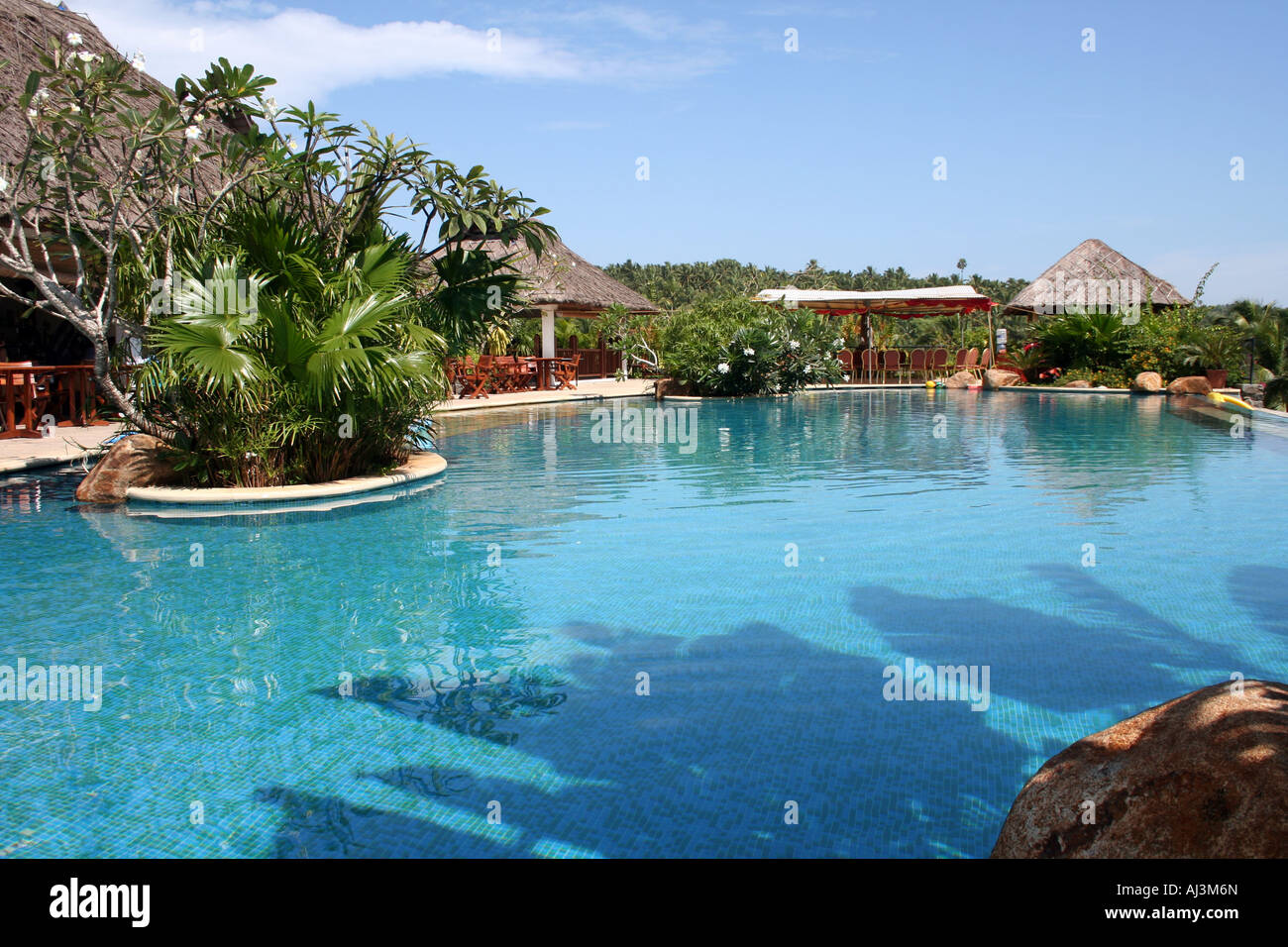 View of a Swimming pool and huts in a resort in Kerala, India Stock ...