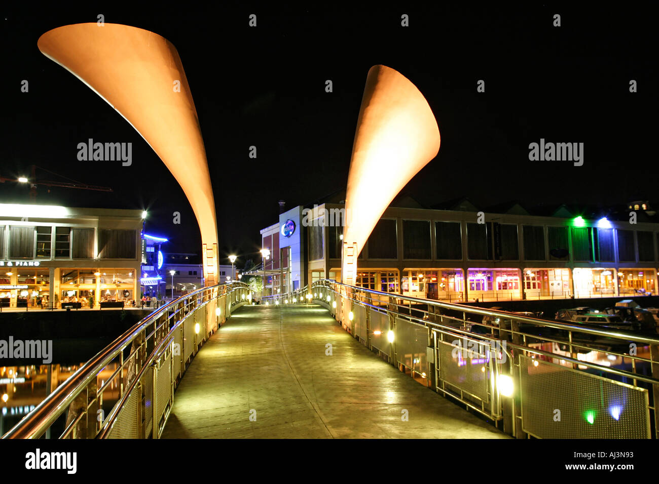 Pero bridge at night in Bristol City centre over Bristol docks England ...