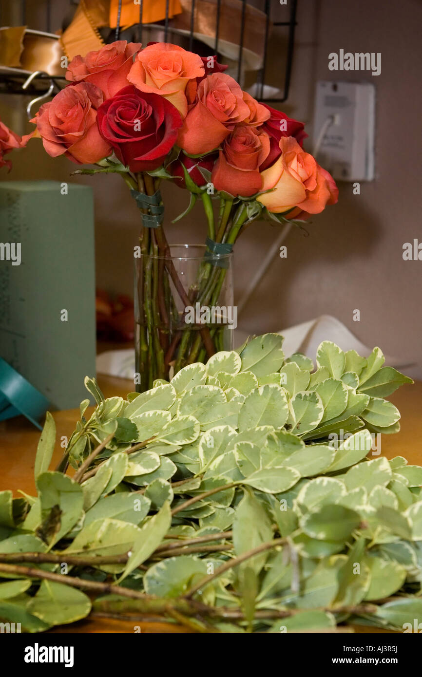 Floral bouquets and greenery stored in florist workroom Stock Photo - Alamy