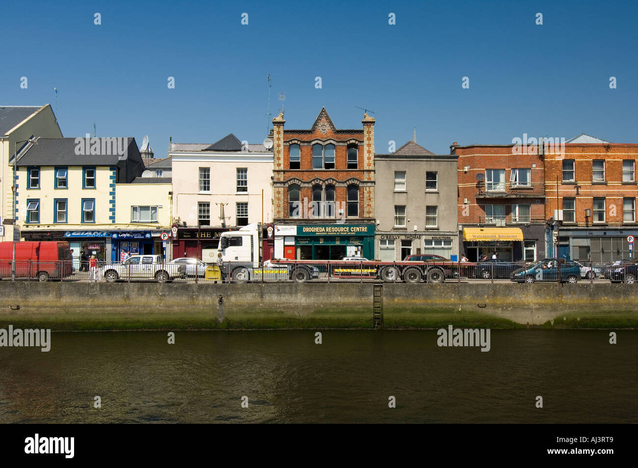 The quayside buildings of the Boyne river at Drogheda, county Louth ...