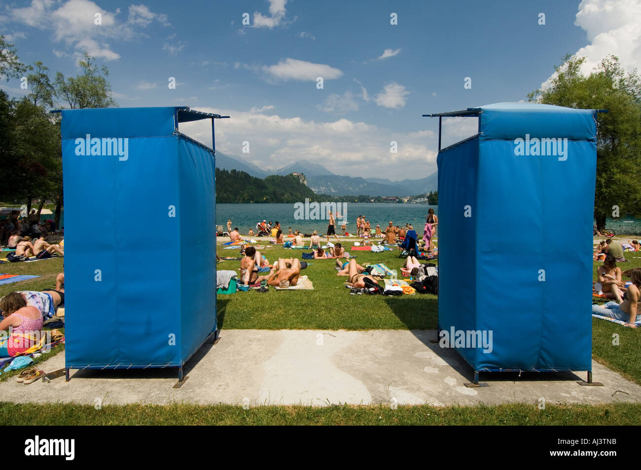 Changing booths for swimming at lake Bled, Slovenia Stock Photo - Alamy