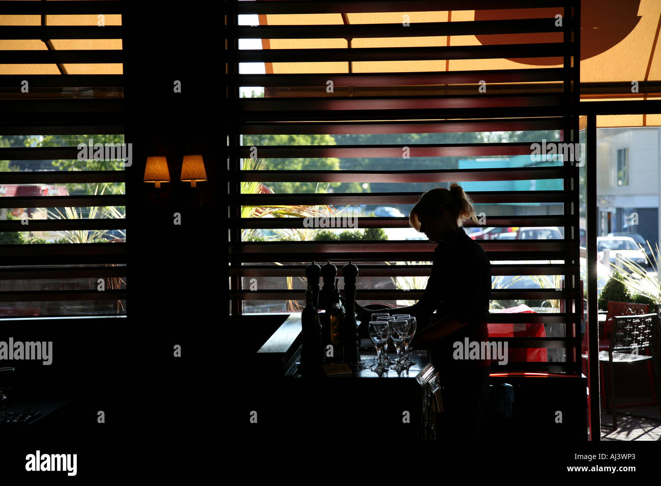 silhouette of a waitress in a resteraunt with a bright day in the ...