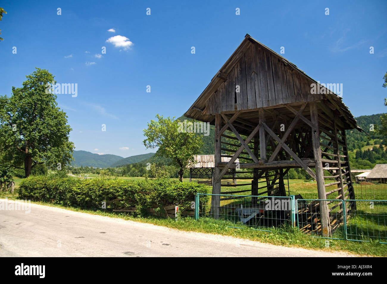 Unique hay-drying barns in the scenic Bohinj region of Slovenia Stock ...
