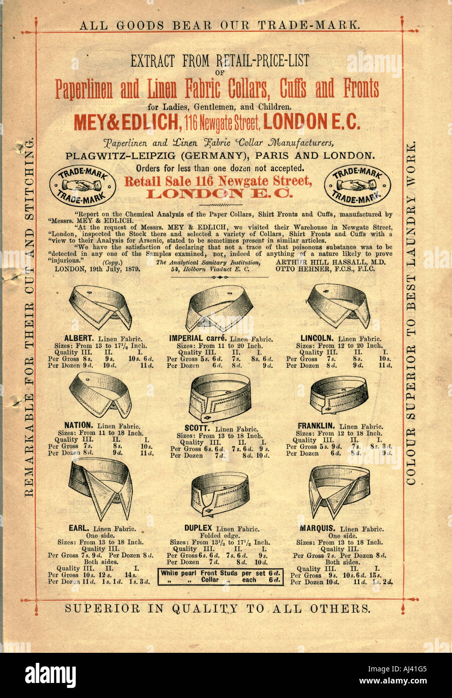 Advertisement for men's collars and cuffs circa 1880 Stock Photo - Alamy