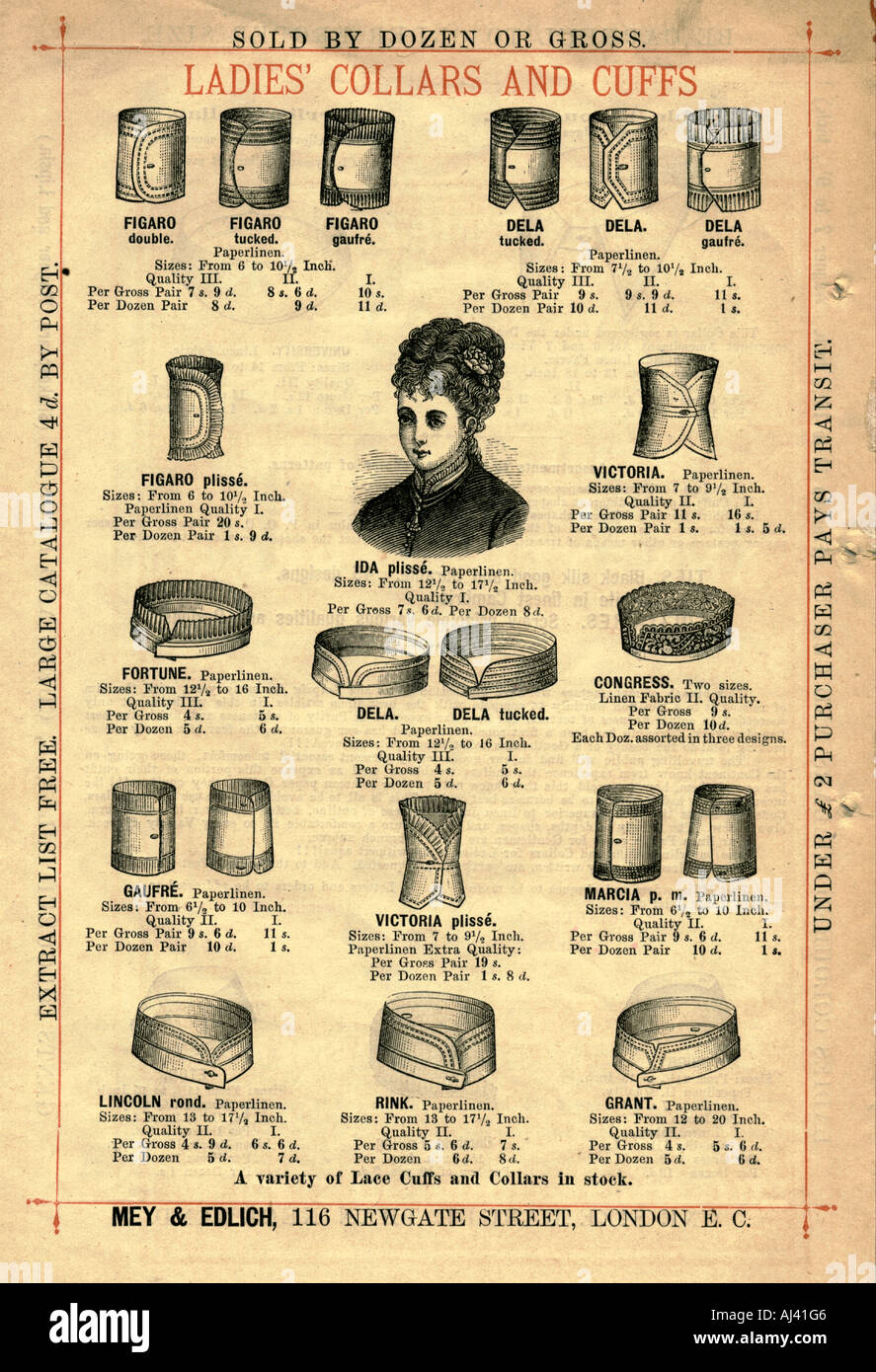 Advertisement for women's paper collars and cuffs circa 1880 Stock ...