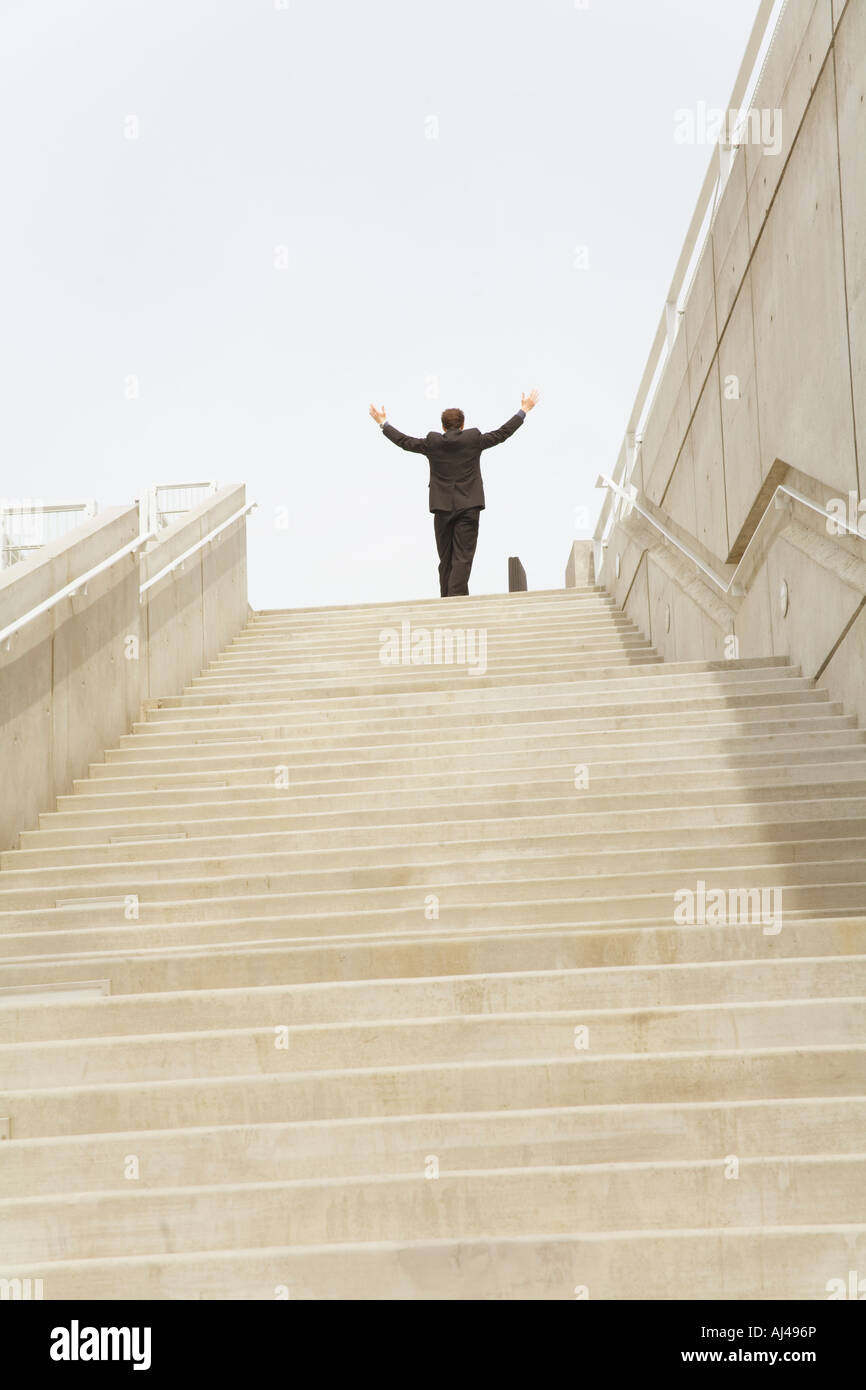 Businessman with arms raised at top of steps Stock Photo - Alamy