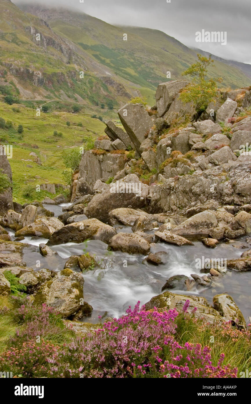 Waterfall from Llyn Ogwen lake, Snowdonia National Park, North Wales ...