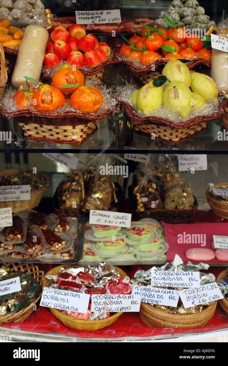 A shop selling candied fruit and sweets in the town of Lipari in the ...