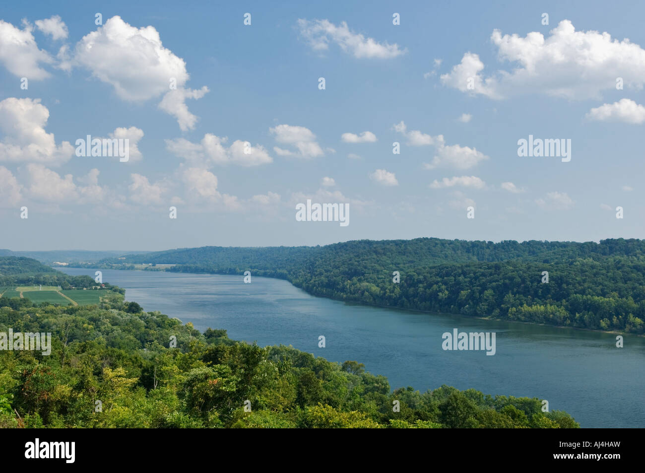 View of Kentucky and Indiana Forest and Farmland along the Ohio River ...