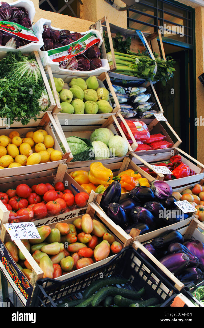 A Fruit and Vegetable shop in the town of Lipari in the Aeolian Islands ...