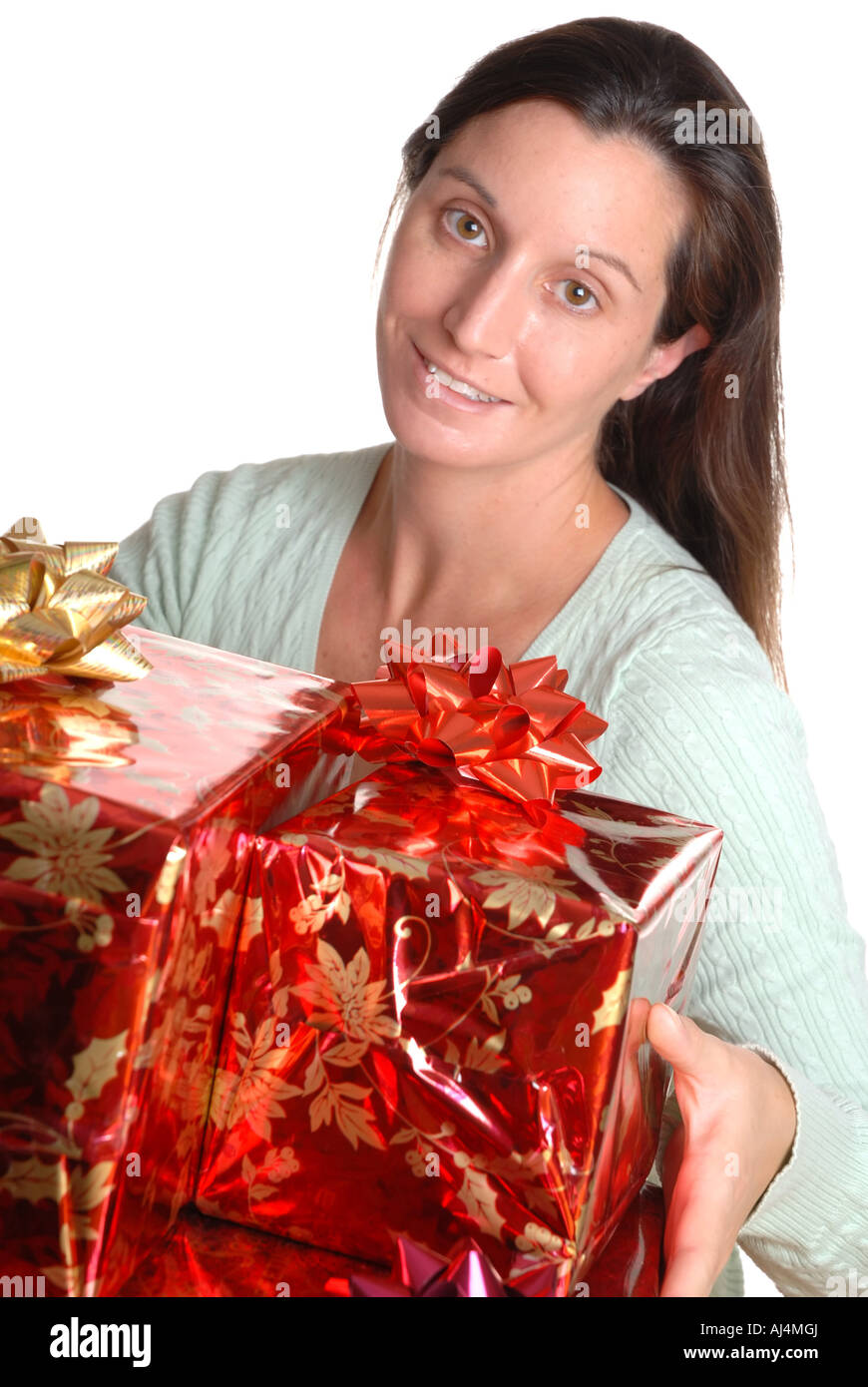woman giving or receiving a Christmas birthday red wrapped gift etc ...