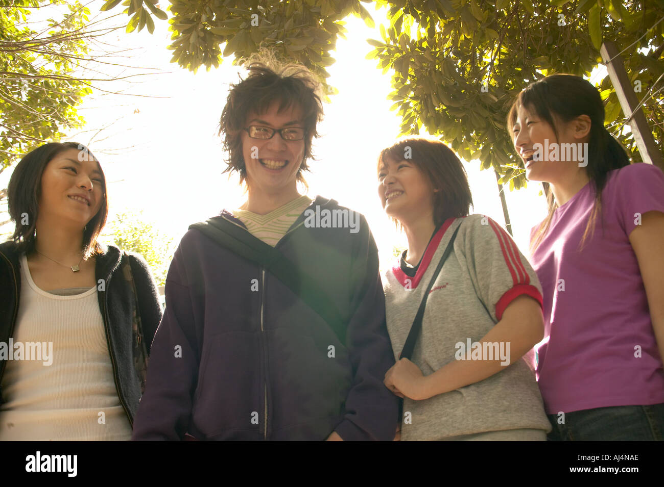 Four college students talking Stock Photo - Alamy
