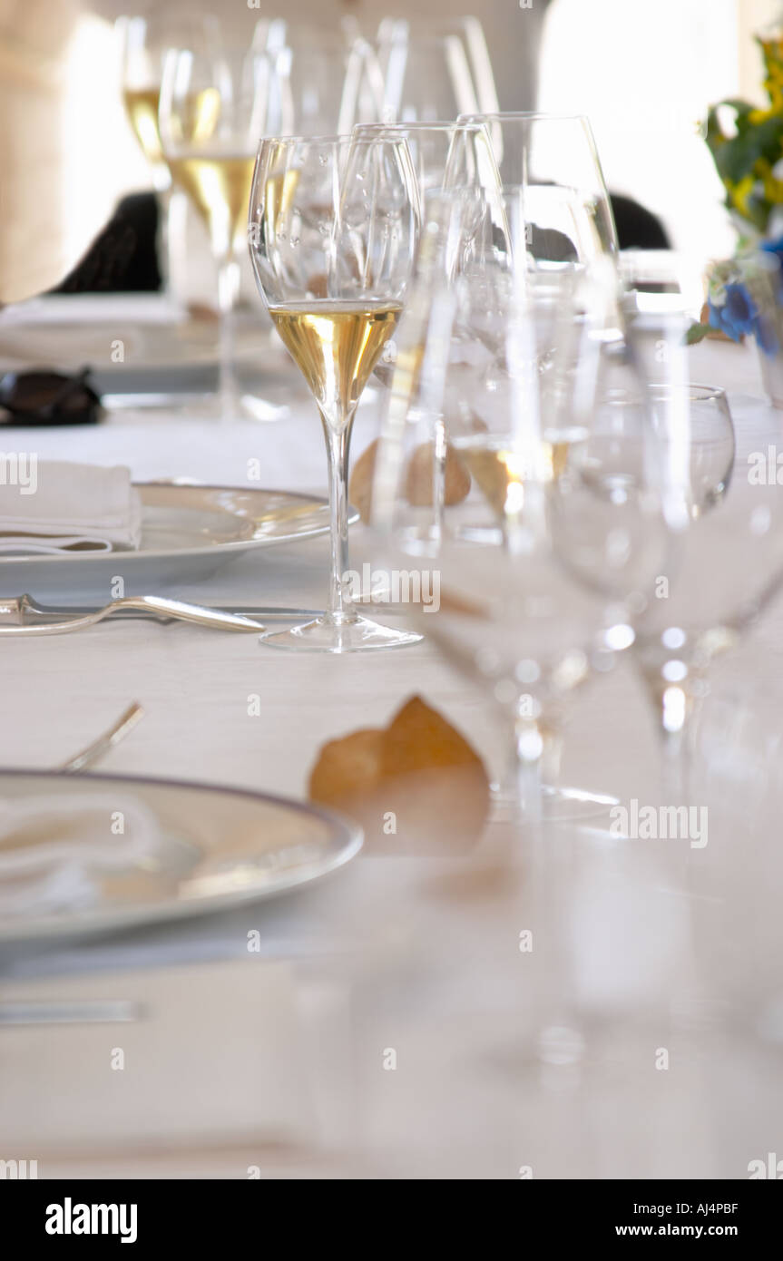 A lunch table with many glasses set up for a wine tasting white plates ...