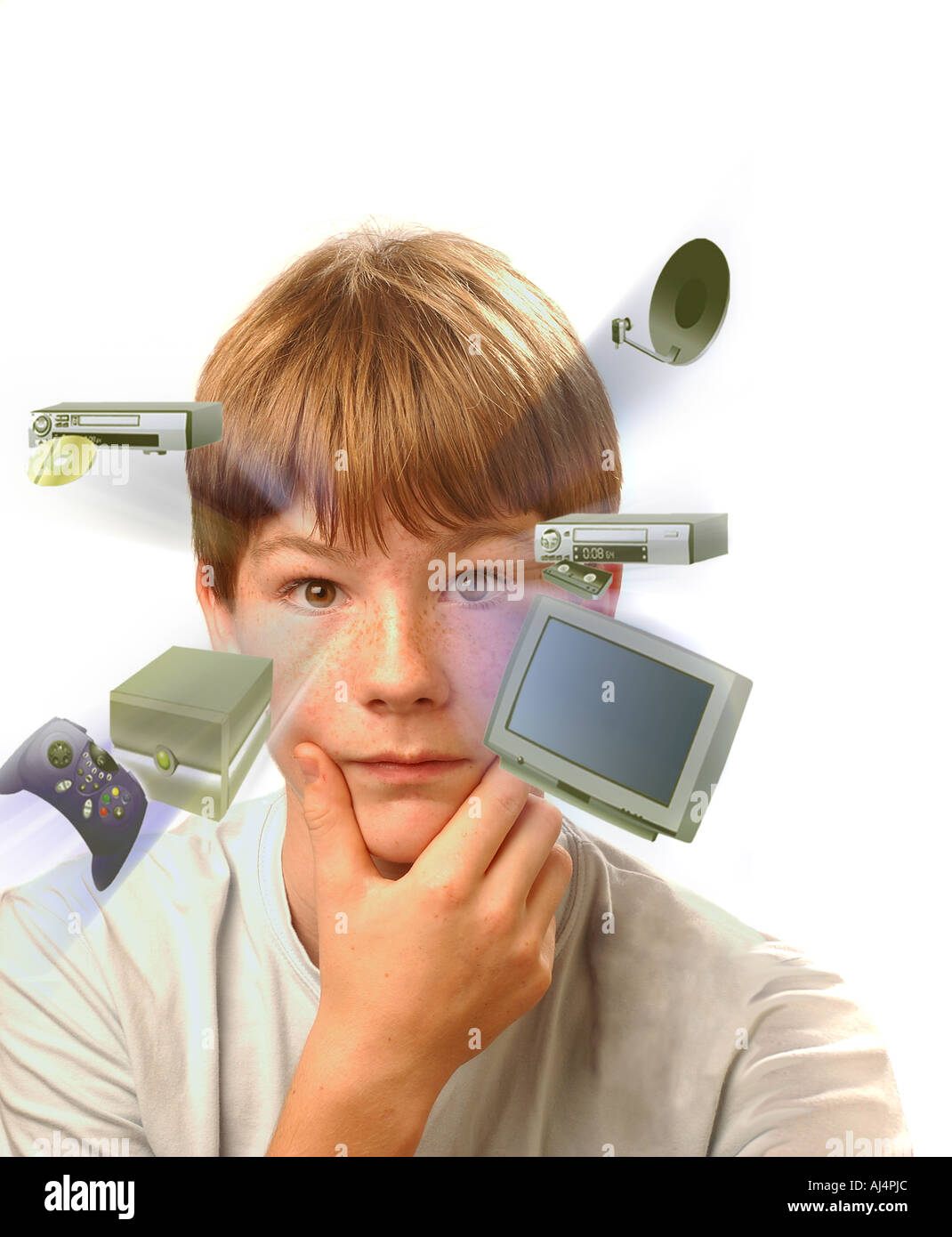 Boy thinking about telecommunication Stock Photo - Alamy