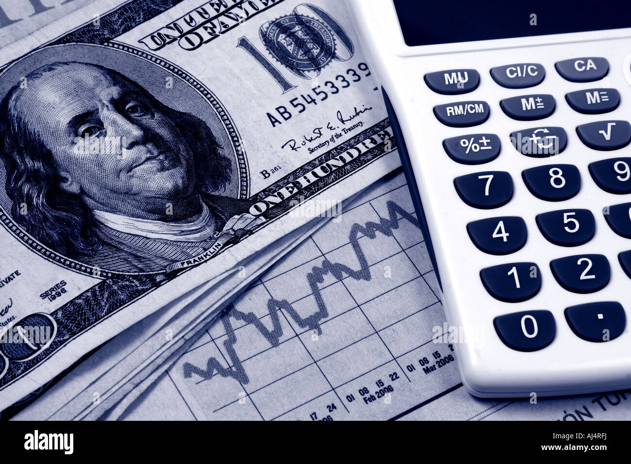 Hundred dollar bill a chart and a calculator Stock Photo - Alamy