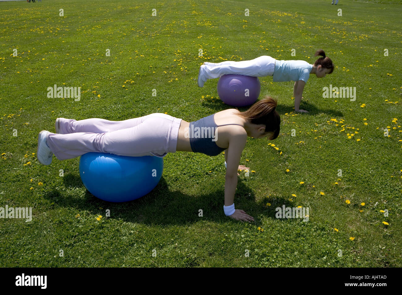 Two young Woman doing push ups with their legs on fitness balls Stock ...