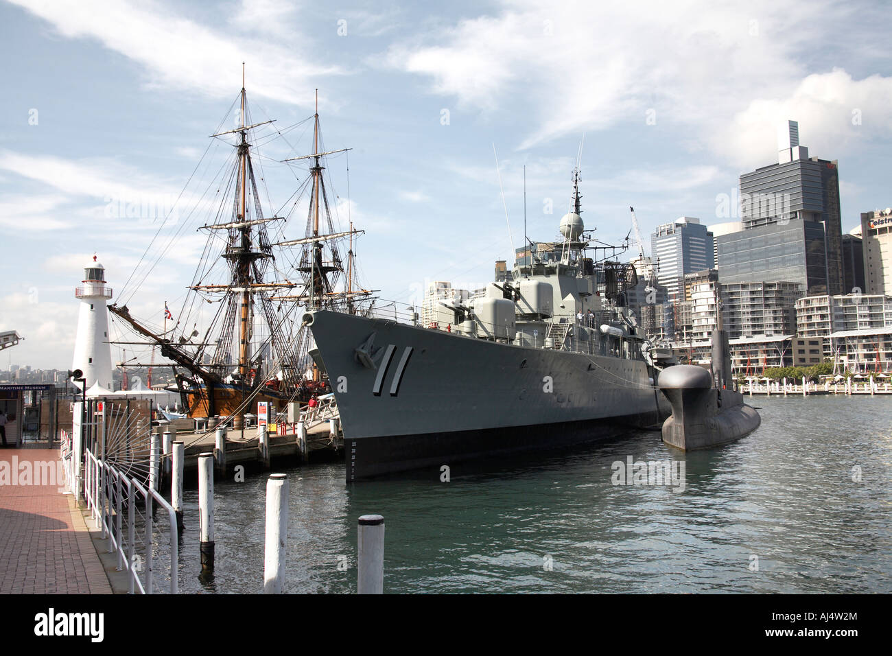National Maritime Museum Endeavour ship replica with HMAS Vampire and ...