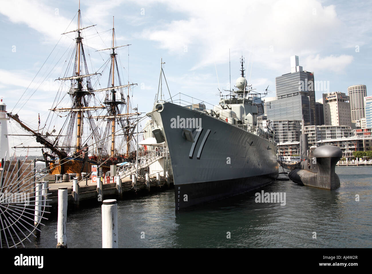National Maritime Museum Endeavour ship replica with HMAS Vampire and ...