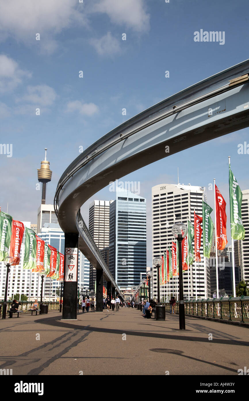 People on Pyrmont Bridge in Darling Harbour with monorail and city ...