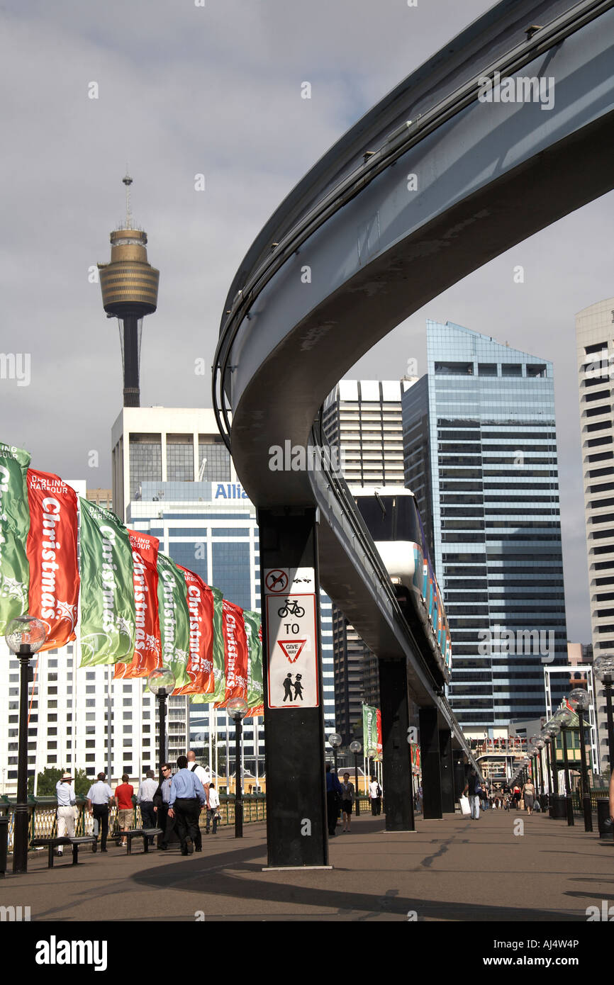 People on Pyrmont Bridge in Darling Harbour with monorail and city ...