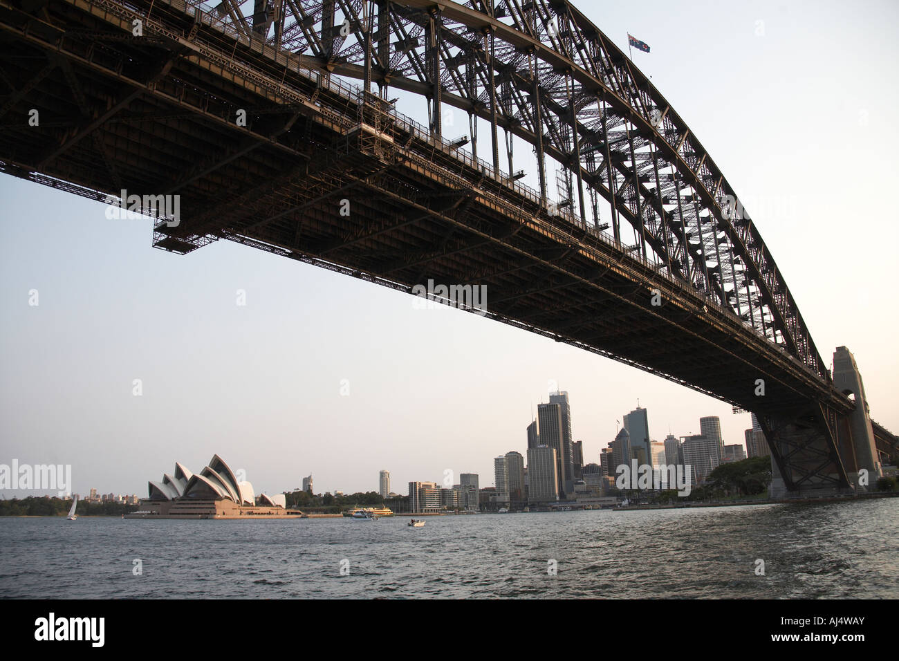 Dramatic view under Harbour Bridge to Opera House in evening sunlight ...